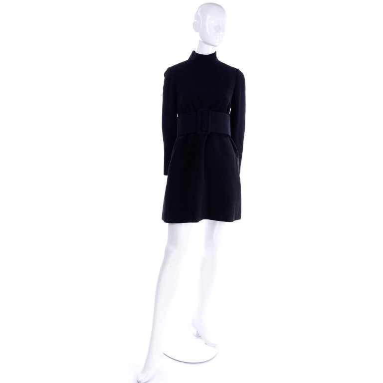 1960s Geoffrey Beene Vintage Black Knit Mini Tent Dress With Wide Belt ...