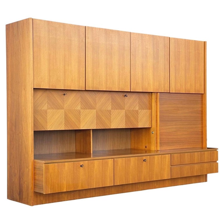 1960s Geometric Inlay Teak Midcentury Wall Unit Bar For Sale at 1stDibs