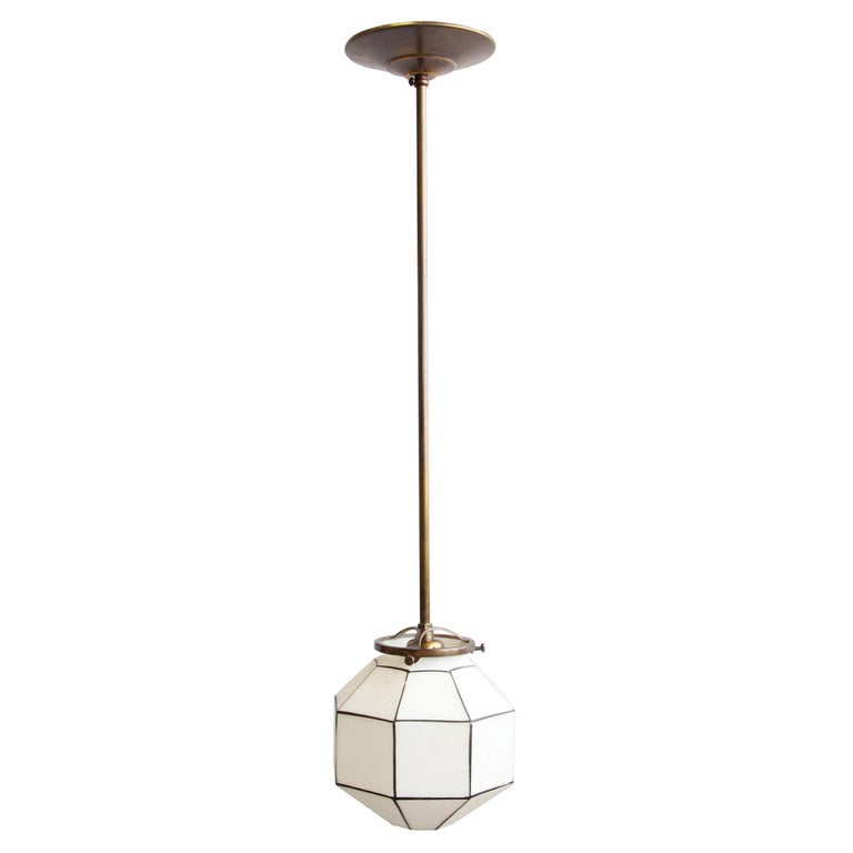 1960s Geometric Pendant Light w/ White and Black Glass Globe and Brass ...