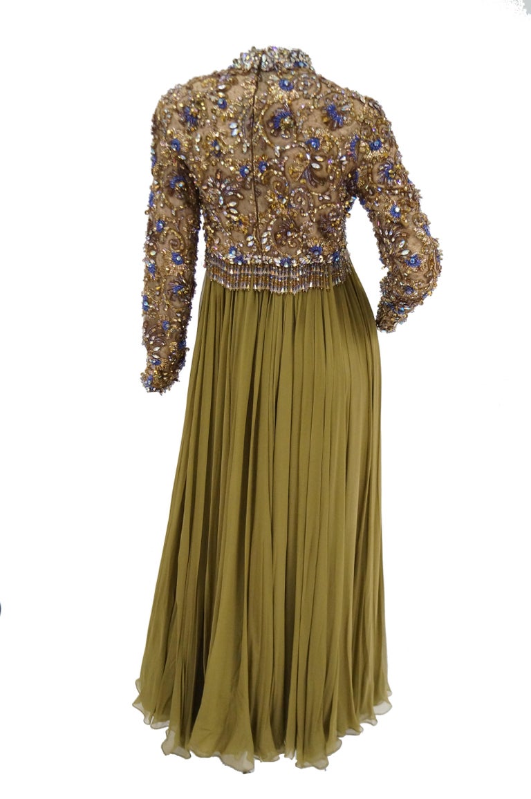 1960s George Halley Olive Green Silk Chiffon Beaded Bodice Evening ...