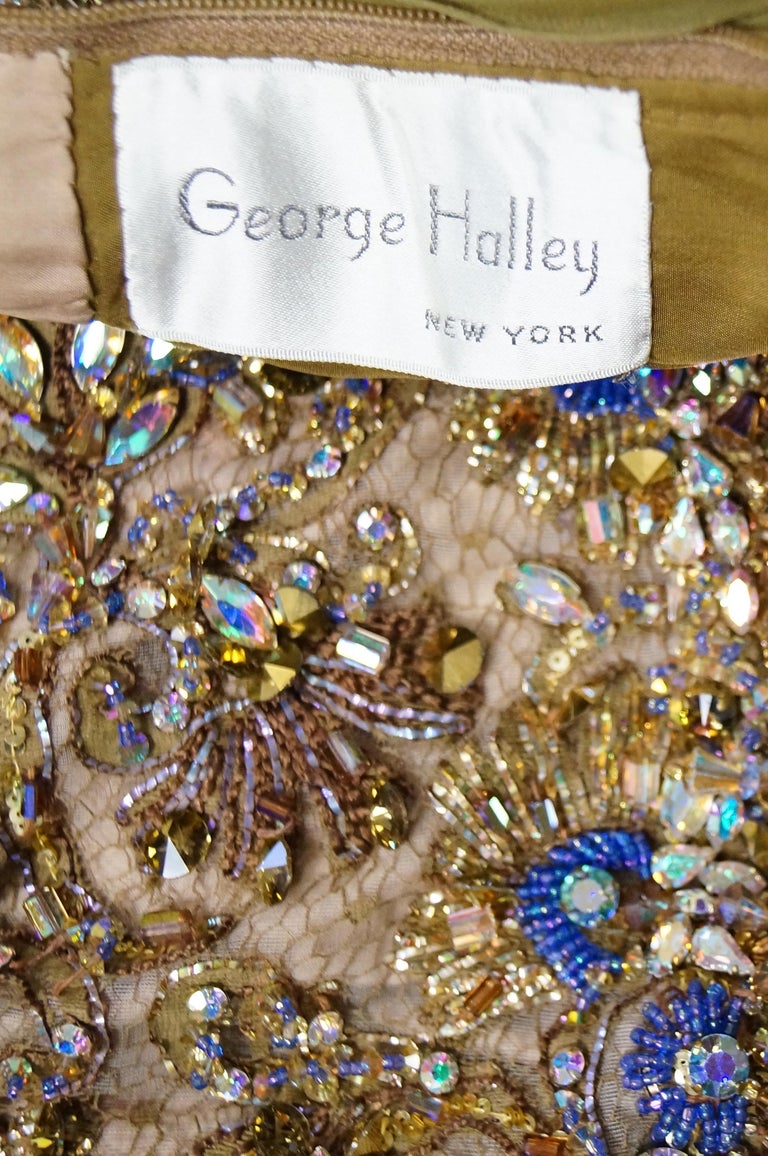 1960s George Halley Olive Green Silk Chiffon Beaded Bodice Evening ...