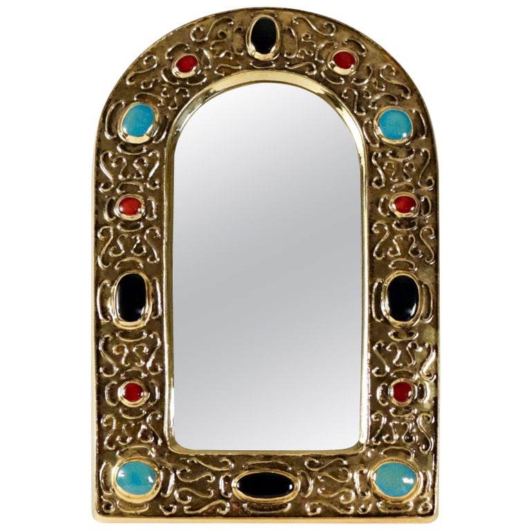 1960s Gilded Enameled Ceramic "Jewel Mirror" Signed by François Lembo ...