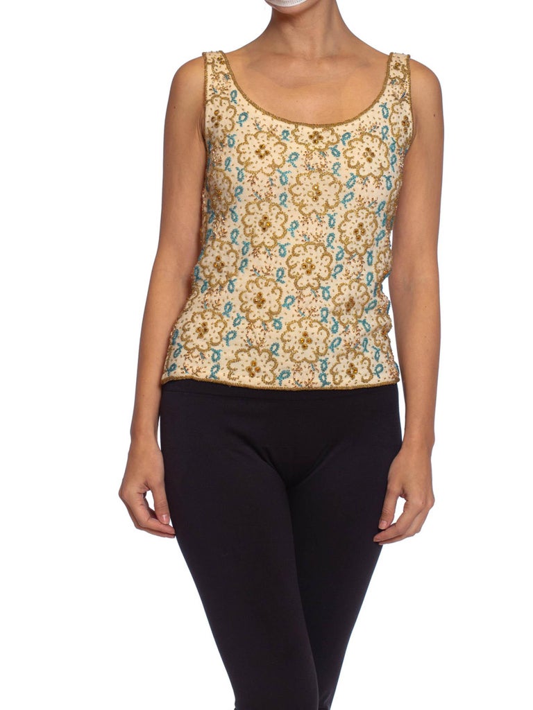 1960S Gold and Aqua Blue Beaded Wool Knit Shell Top For Sale at 1stDibs