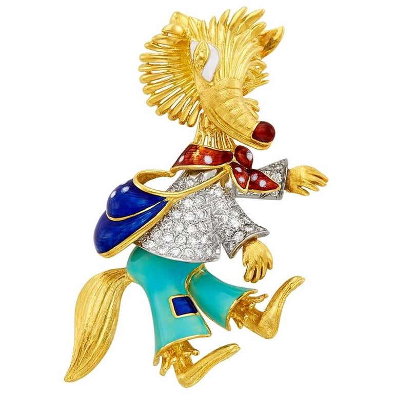 1960s Gold Enamel Diamond Fox Brooch Pin at 1stDibs