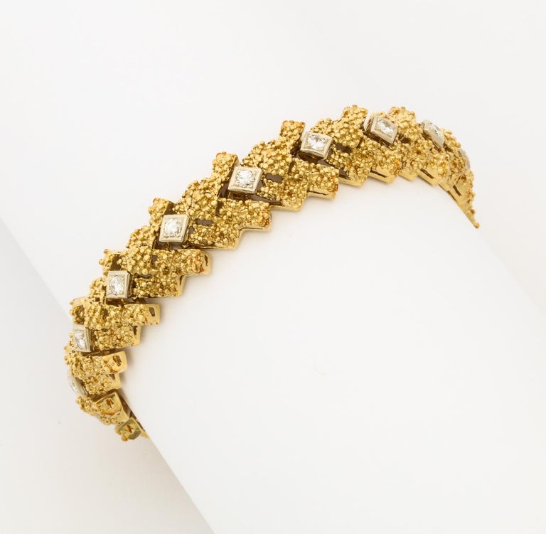 1960s Gold Nugget Pattern Diamond and Gold Flexible Link Bracelet at ...
