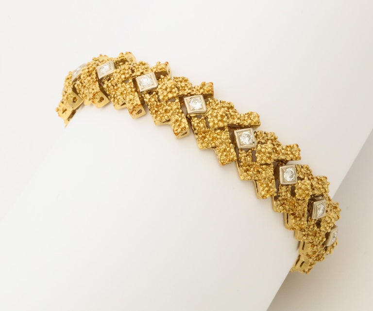 1960s Gold Nugget Pattern Diamond and Gold Flexible Link Bracelet at ...