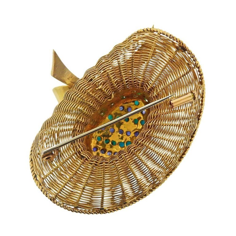 1960s Gold Turquoise Diamond Sapphire Sun Hat Brooch For Sale at 1stDibs