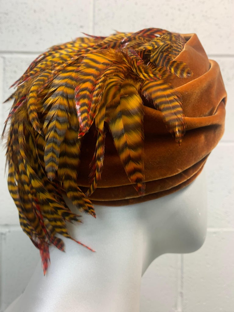 1960s Golden Caramel Velvet Turban Hat w/ Stunning Pheasant Feather ...