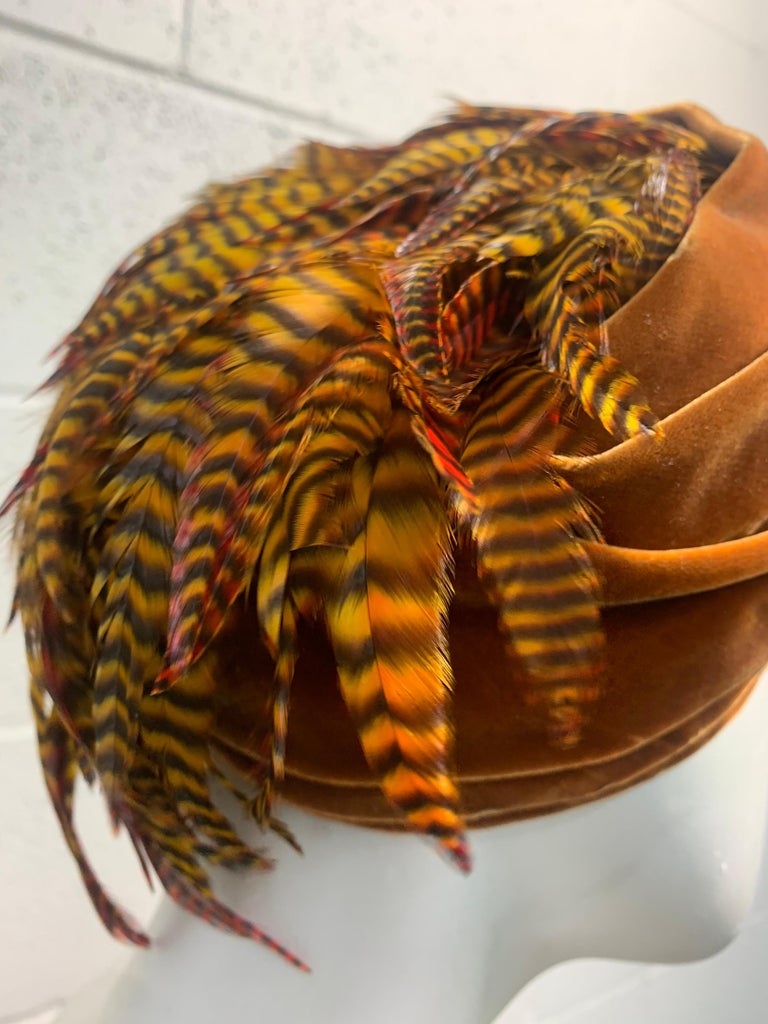 1960s Golden Caramel Velvet Turban Hat w/ Stunning Pheasant Feather ...