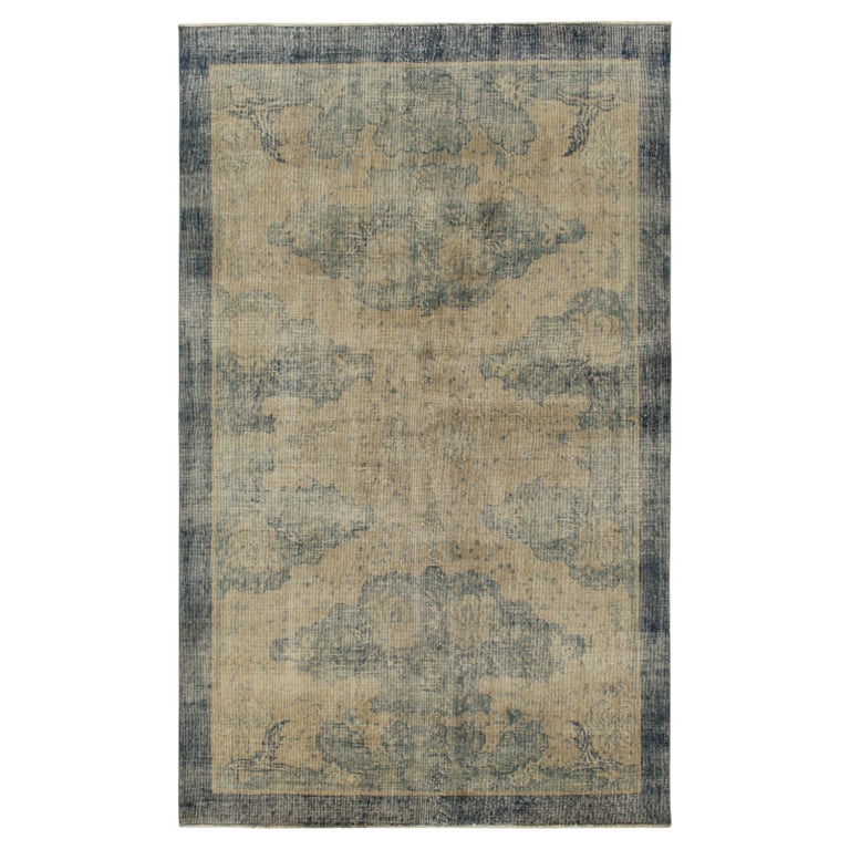 1960s Vintage Distressed Deco Rug in Beige, Blue Floral Pattern by Rug ...