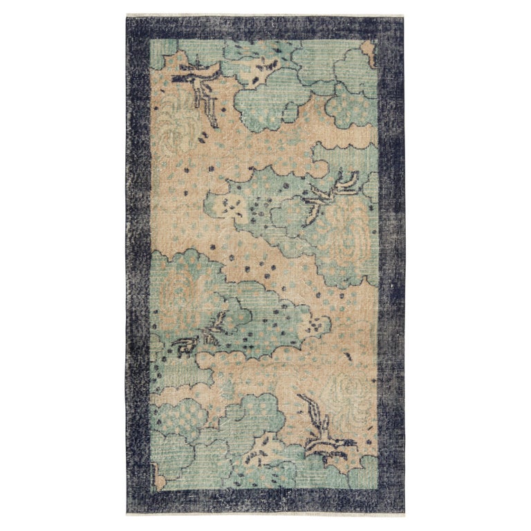 1960s Hand-Knotted Vintage Distressed Deco Rug in Blue Floral by Rug ...