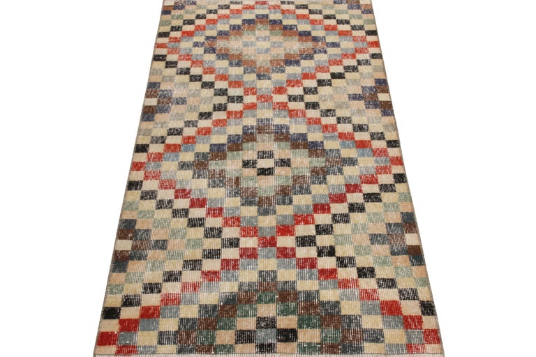 1960s Vintage Distressed Rug in Beige-Brown, Geometric Pattern by Rug ...