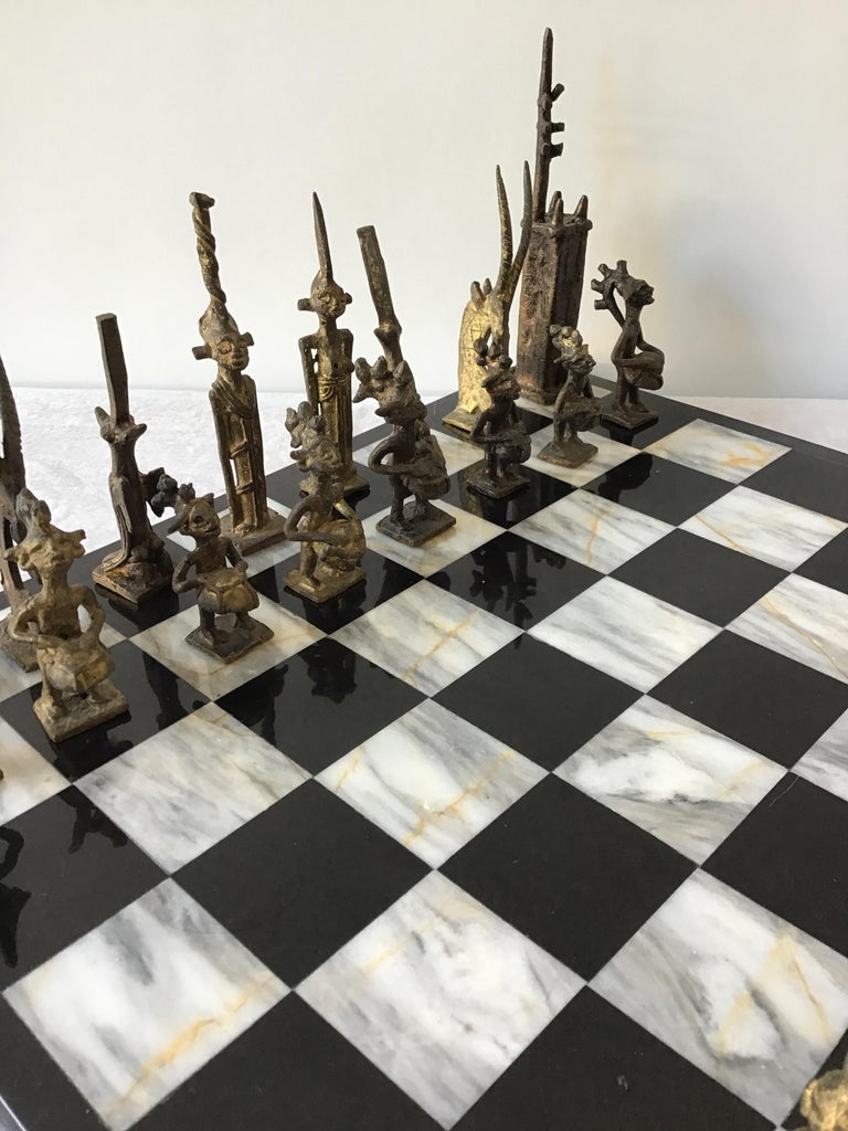 1960s Hand Made African Brass Chess Set on Marble Board at 1stDibs