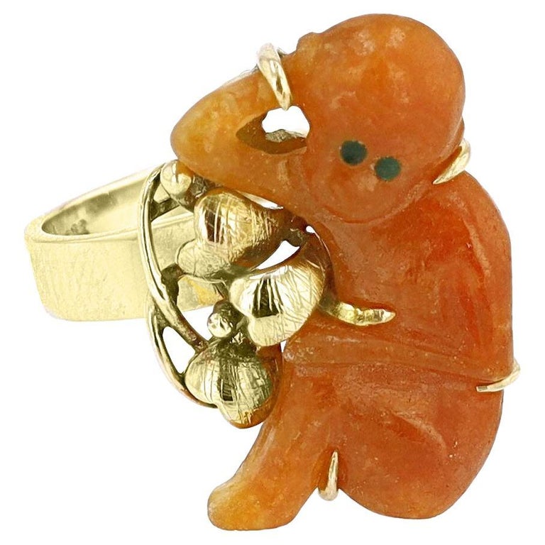 1960s Handcarved Carnelian Baby Monkey Ring For Sale at 1stDibs