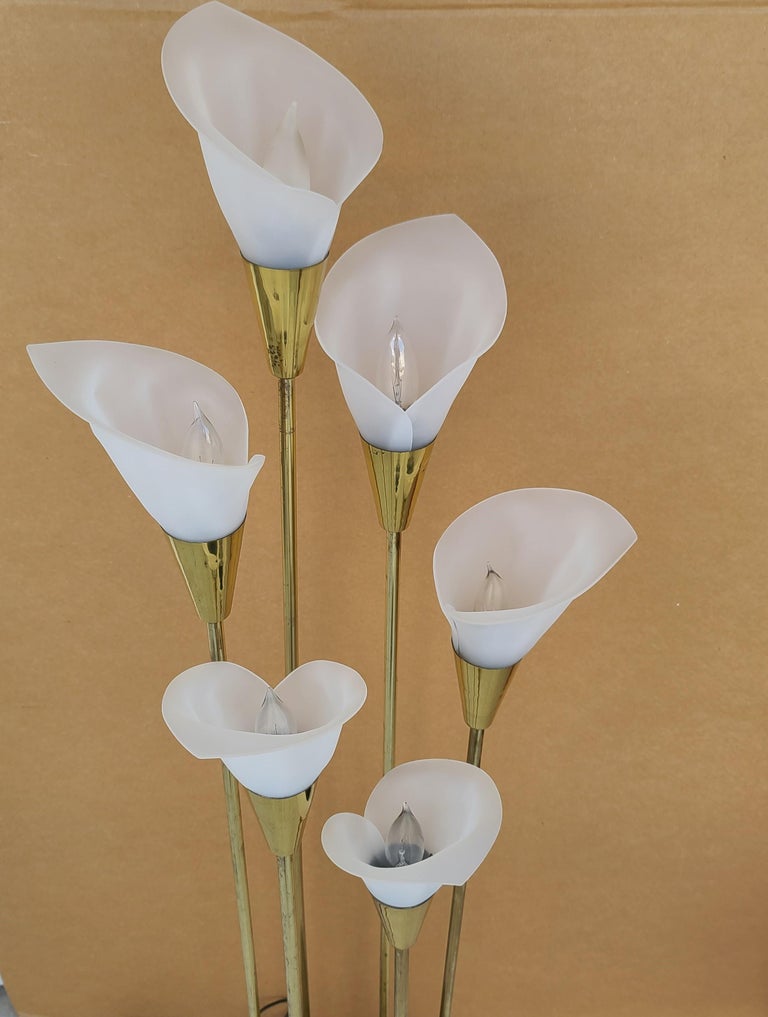 1960s Hollywood Regency 6 Light White Calla Lily Flower Brass Floor ...