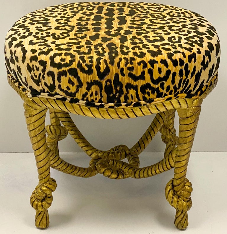 1960s Hollywood Regency Leopard Velvet Giltwood Italian Rope Ottomans ...