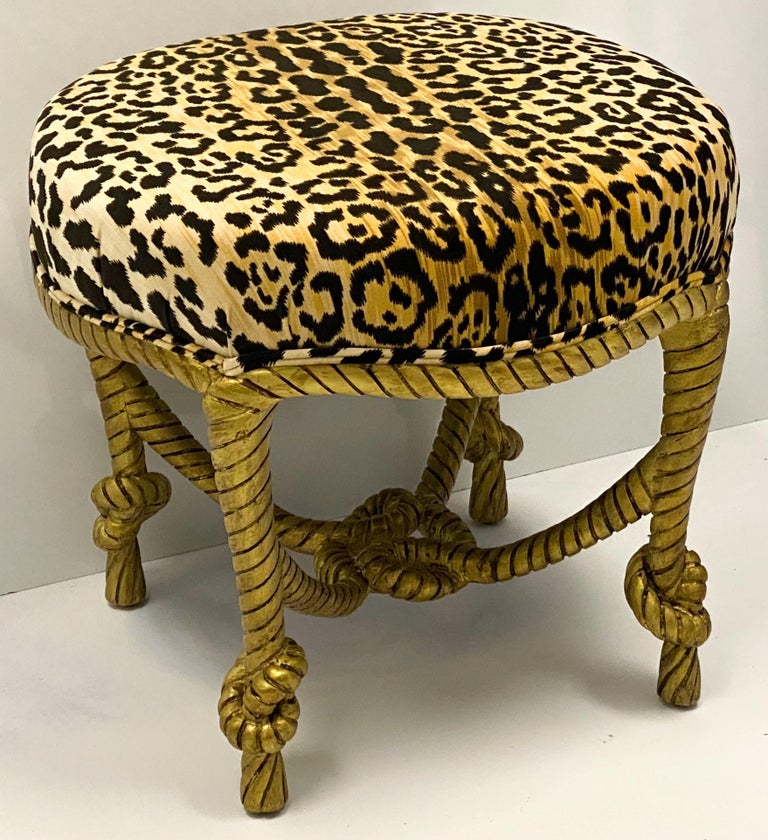 1960s Hollywood Regency Leopard Velvet Giltwood Italian Rope Ottomans ...