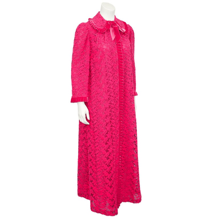 1960s Hot Pink Lace Duster with Velvet Trim For Sale at 1stDibs