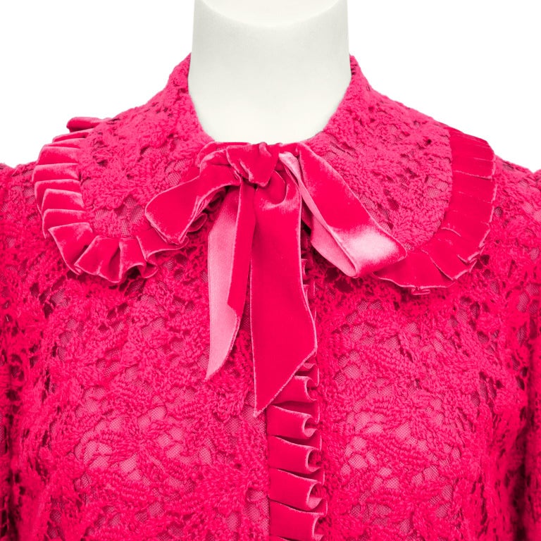 1960s Hot Pink Lace Duster with Velvet Trim For Sale at 1stDibs
