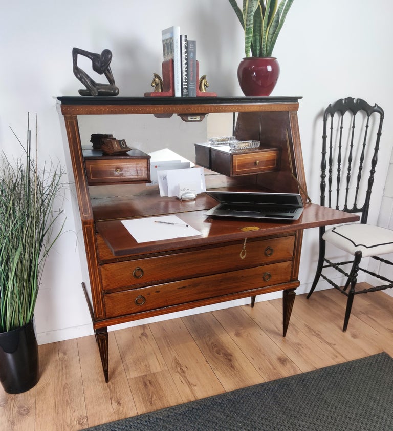 1960s Italian Art Deco Midcentury Walnut Brass Slant Front Desk Table ...