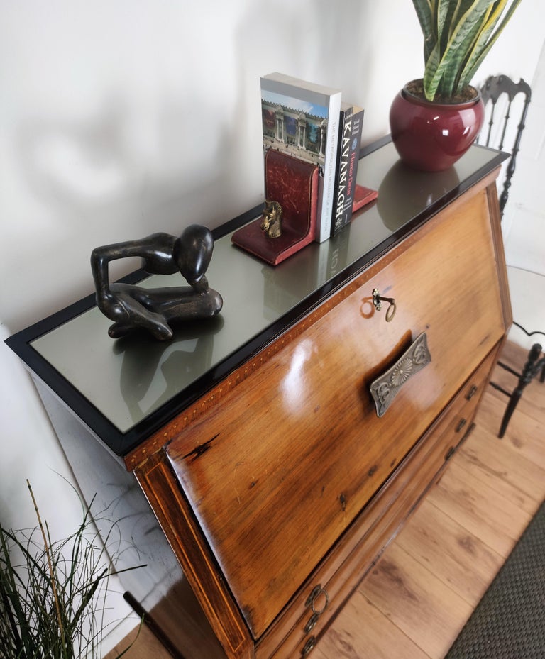 1960s Italian Art Deco Midcentury Walnut Brass Slant Front Desk Table ...