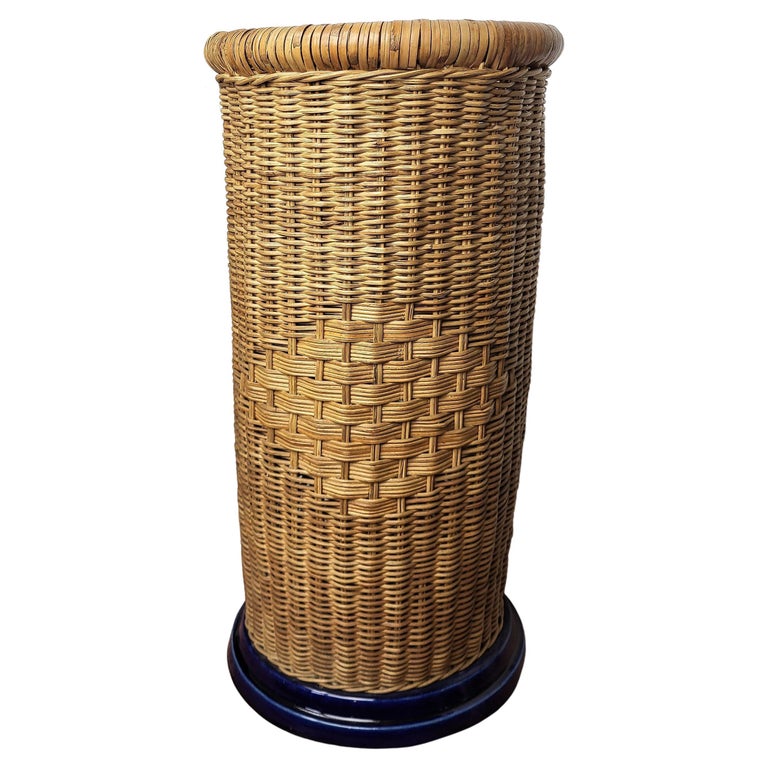 1960s, Italian Bamboo Rattan Blue Ceramic Base Umbrella Stand Rack For ...
