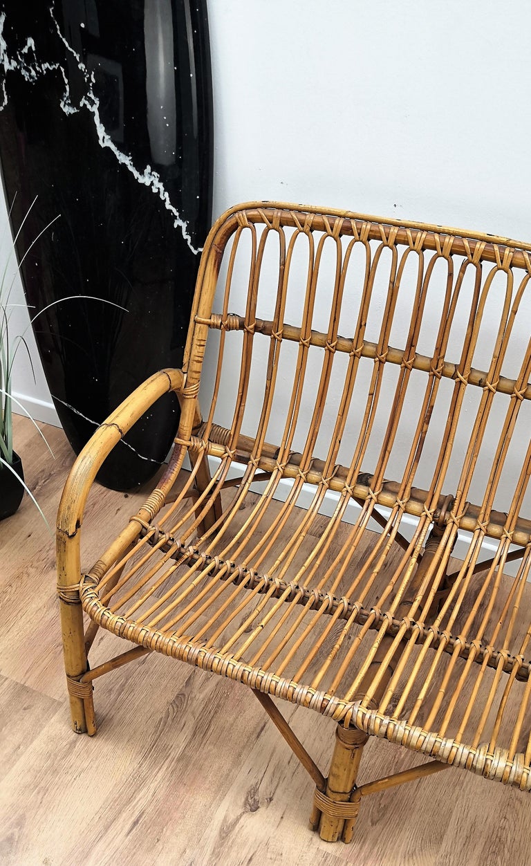 1960s Italian Bamboo Rattan Bohemian French Riviera Lounge Bench Chair ...