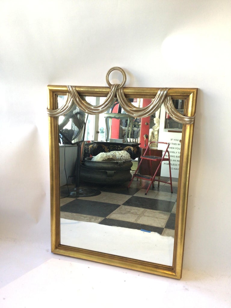 1960s Italian Carved Gilt Wood Draped Fabric Mirror For Sale at 1stDibs