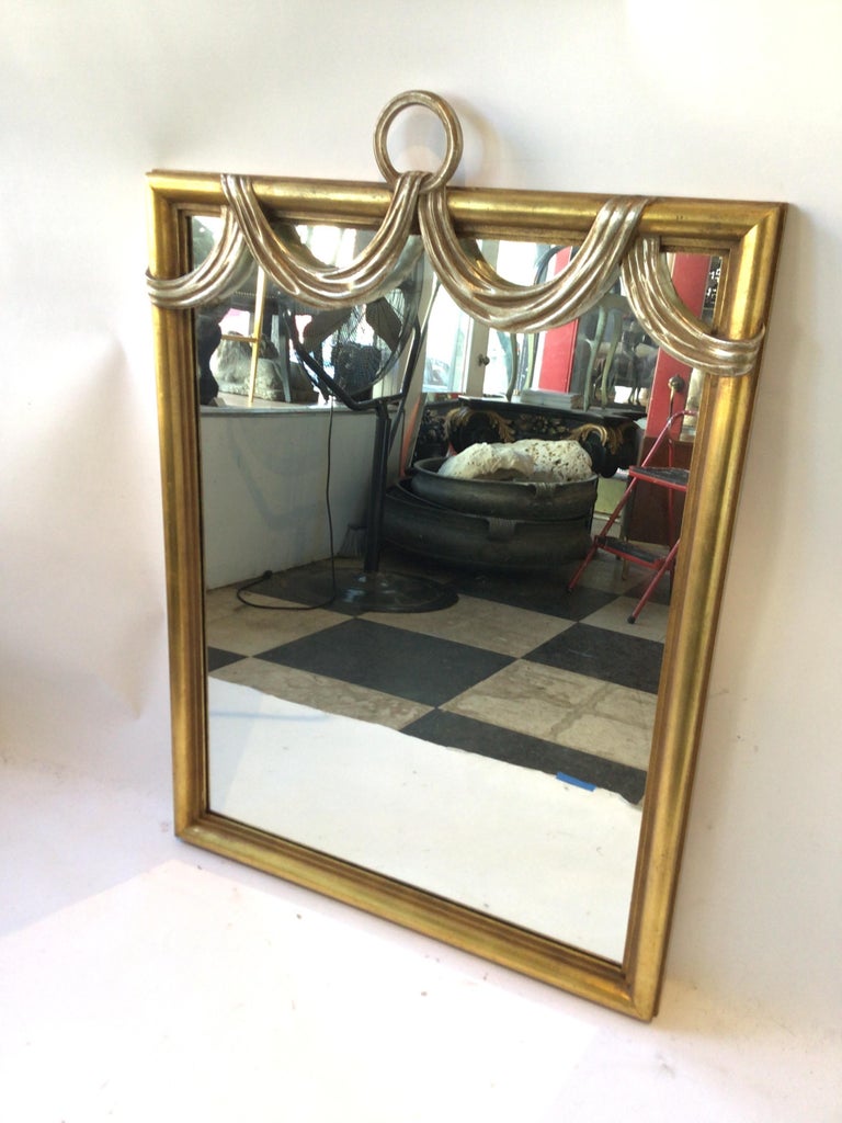 1960s Italian Carved Gilt Wood Draped Fabric Mirror For Sale at 1stDibs