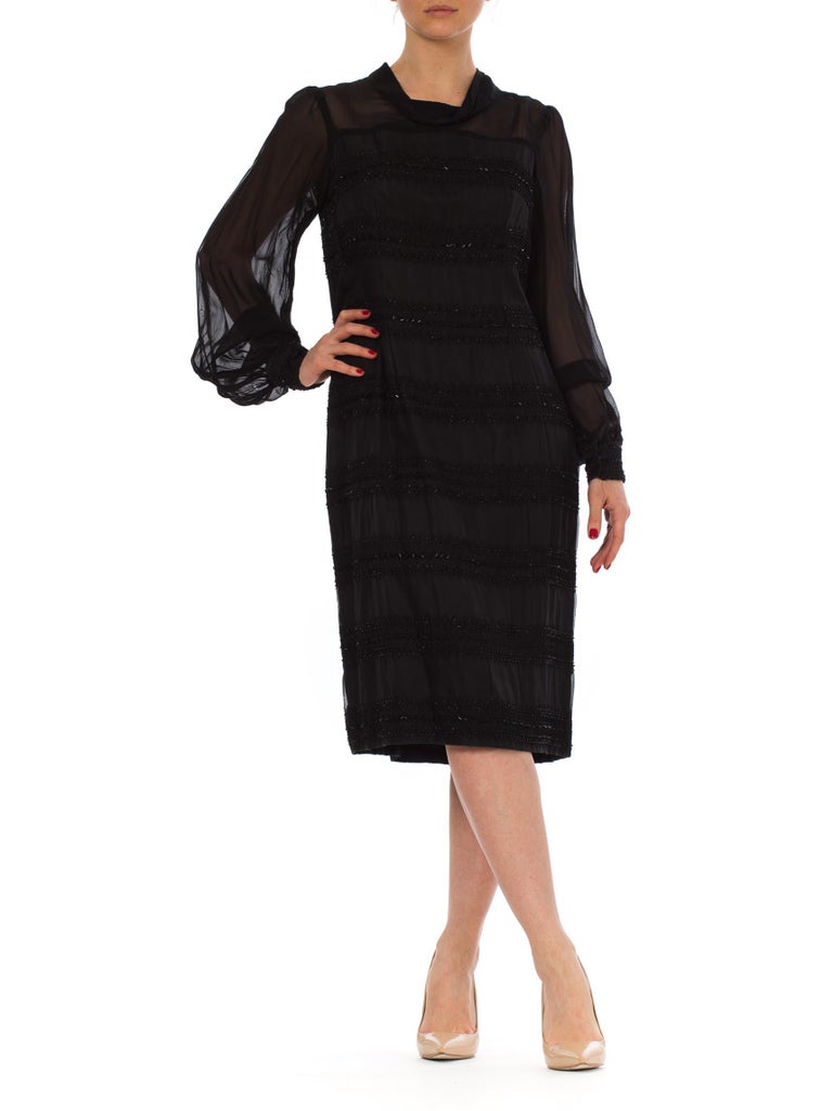 1960S JANE EVA OF NICE FRANCE Black Rayon and Silk Chiffon With Beaded ...
