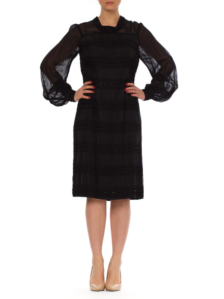 1960S JANE EVA OF NICE FRANCE Black Rayon and Silk Chiffon With Beaded ...