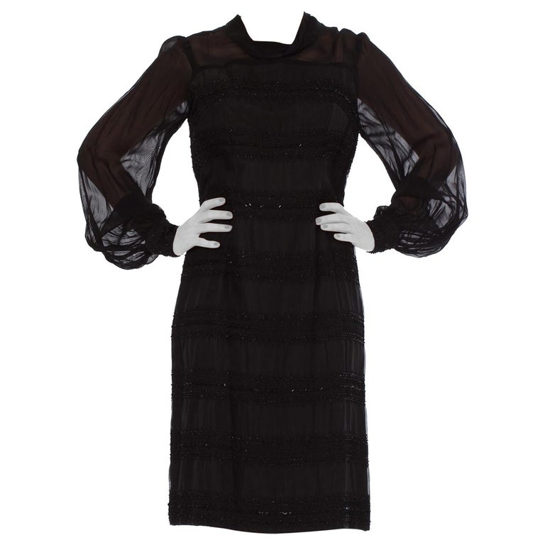 1960S JANE EVA OF NICE FRANCE Black Rayon and Silk Chiffon With Beaded ...