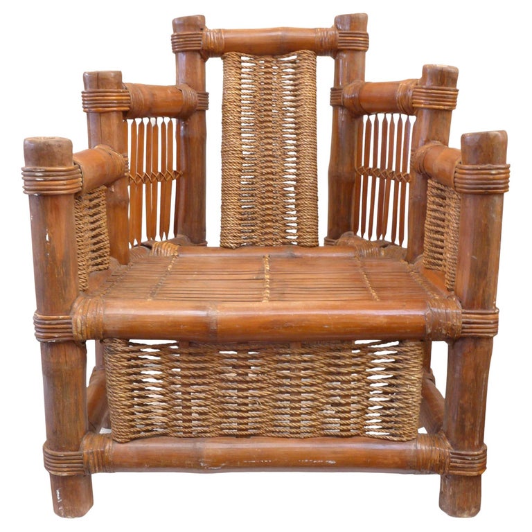 1960s Japanese Bamboo, Rattan and Woven Rope Arm Chair For Sale at 1stDibs