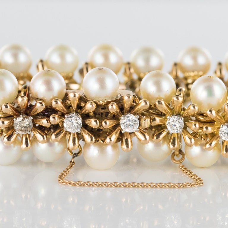 1960s Japanese Cultured Pearl Diamond Yellow Gold Bracelet at 1stDibs