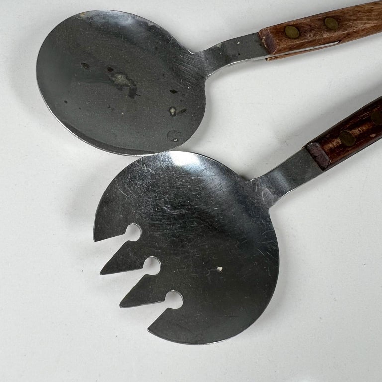 1960s Japanese Mid-Century Modern Stainless Wood Salad Server Set ...