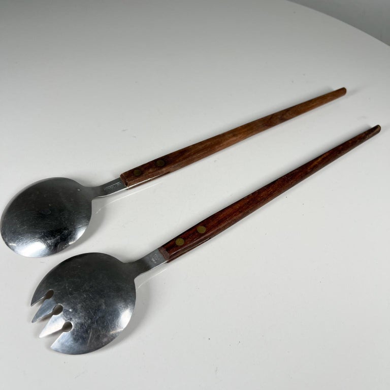 1960s Japanese Mid-Century Modern Stainless Wood Salad Server Set ...