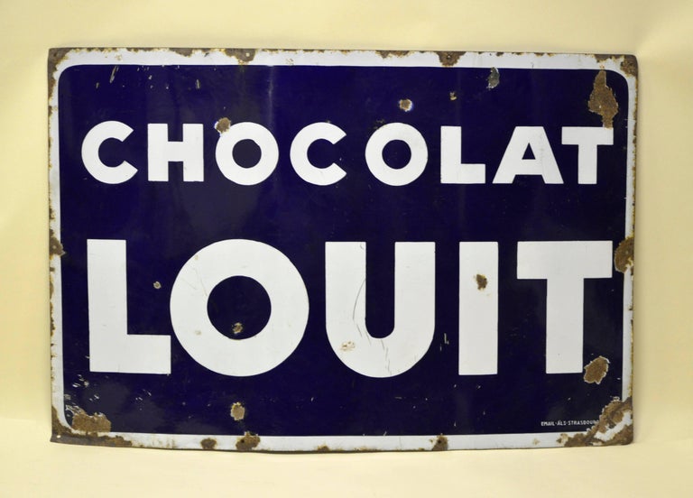 1960s Large French Blue and White Enamel Metal Chocolat Louit Sign at ...
