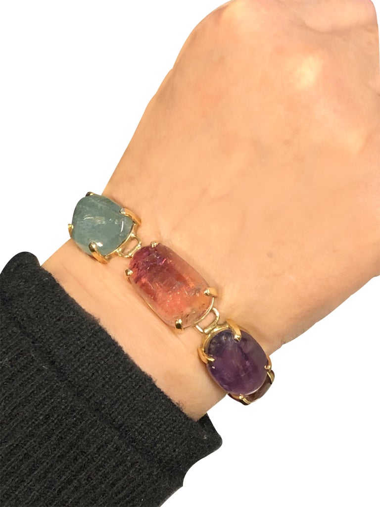 1960s Large Gold and Cabochon Gem Stone Bracelet at 1stDibs