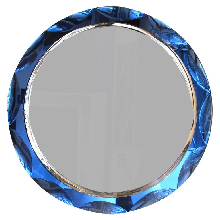1960s Large Round Italian Bevelled Edged Clear Glass and Deep Blue ...
