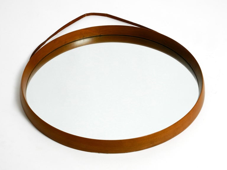 1960s Large Teak Wall Mirror with Leather Strap for Hanging Made in ...