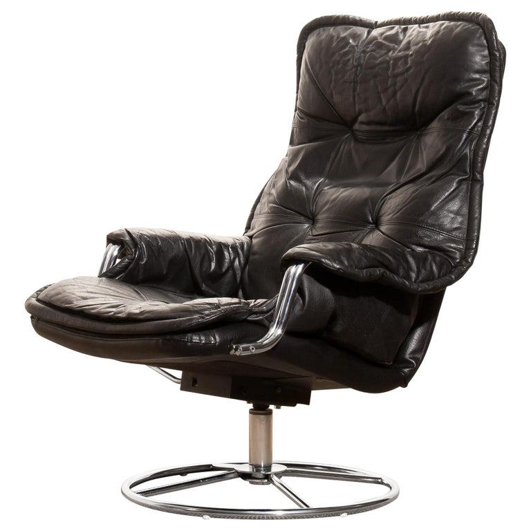 1960s, Leather Black Swivel Rocking Lounge Chair by Lennart Bender For ...