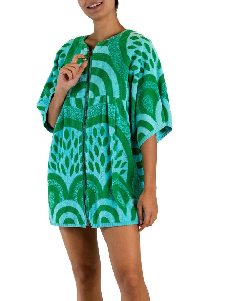 1960S Light Aqua Blue Cotton Terry Cloth Beach Duster With Towel For ...