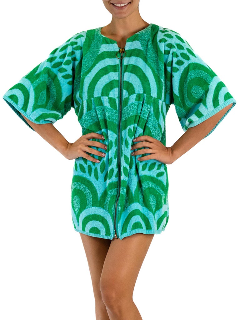1960S Light Aqua Blue Cotton Terry Cloth Beach Duster With Towel For ...