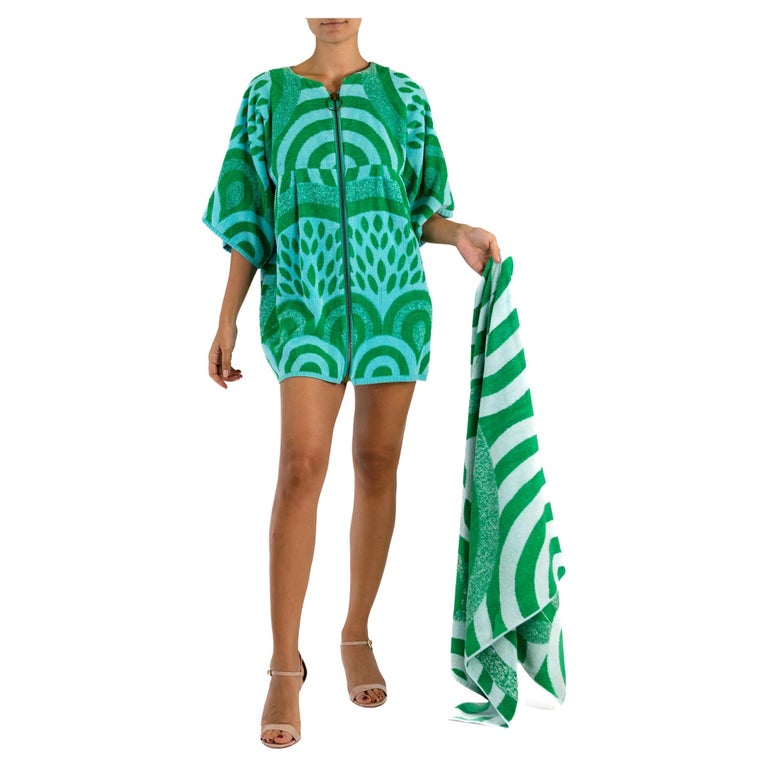 1960S Light Aqua Blue Cotton Terry Cloth Beach Duster With Towel For ...