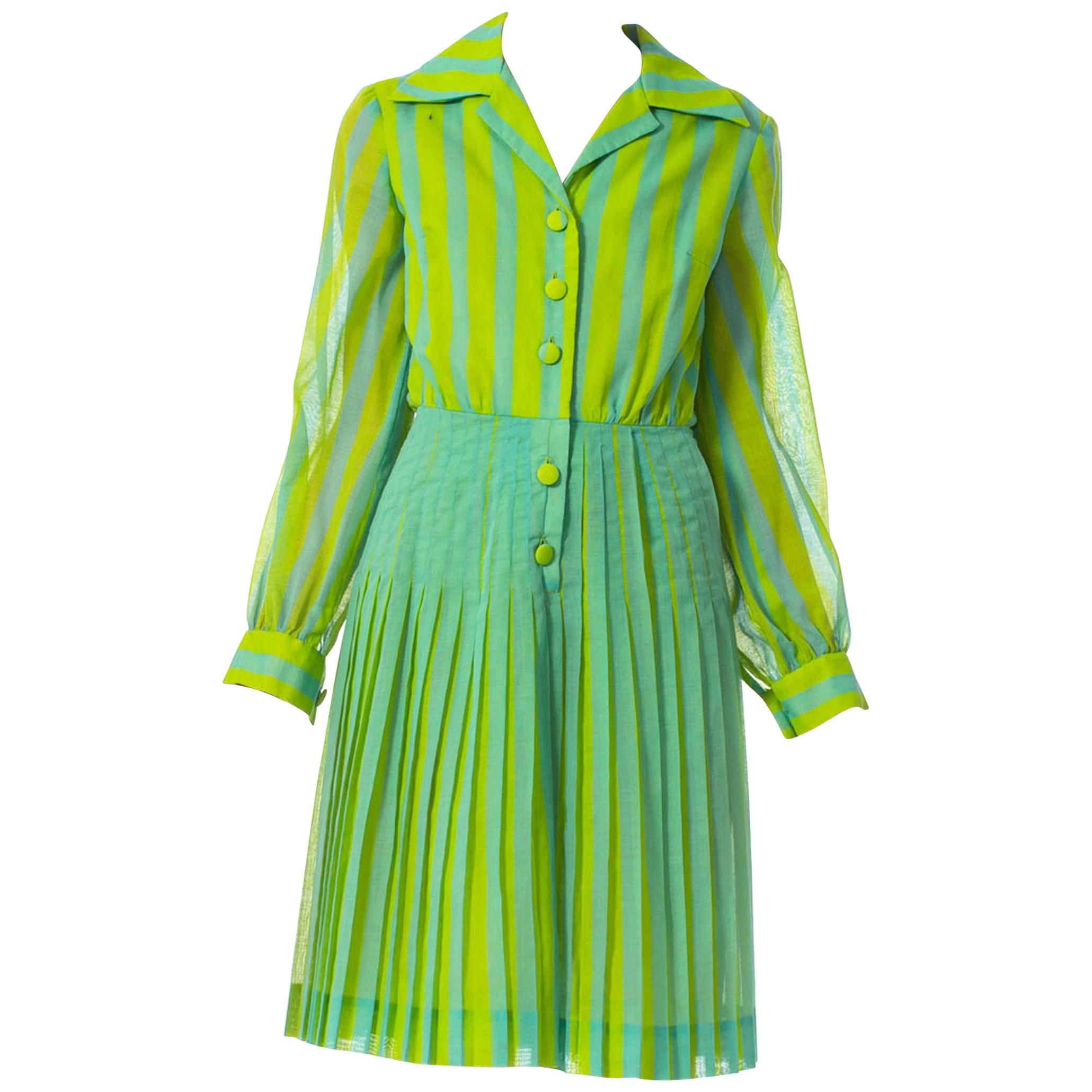 1960S Lime Green Striped Cotton Pleated Mod Dress From Elizabeth Arden ...