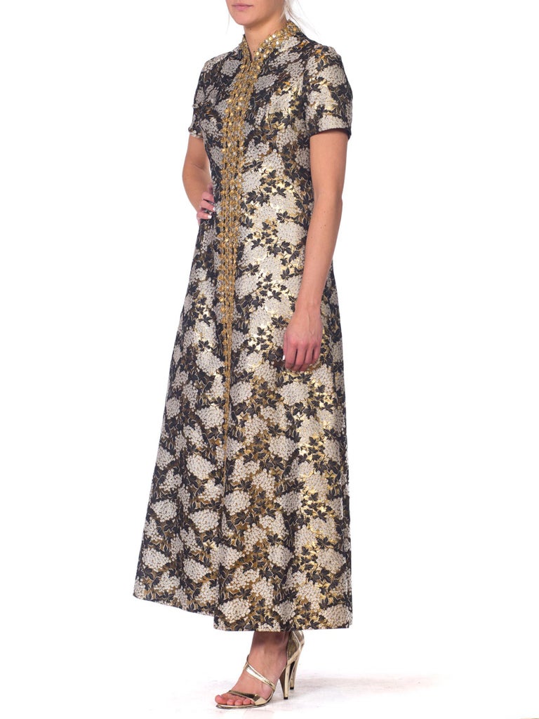 1960s Lisa Meril Gold Brocade Gown with Metal Braid and Studs at 1stDibs