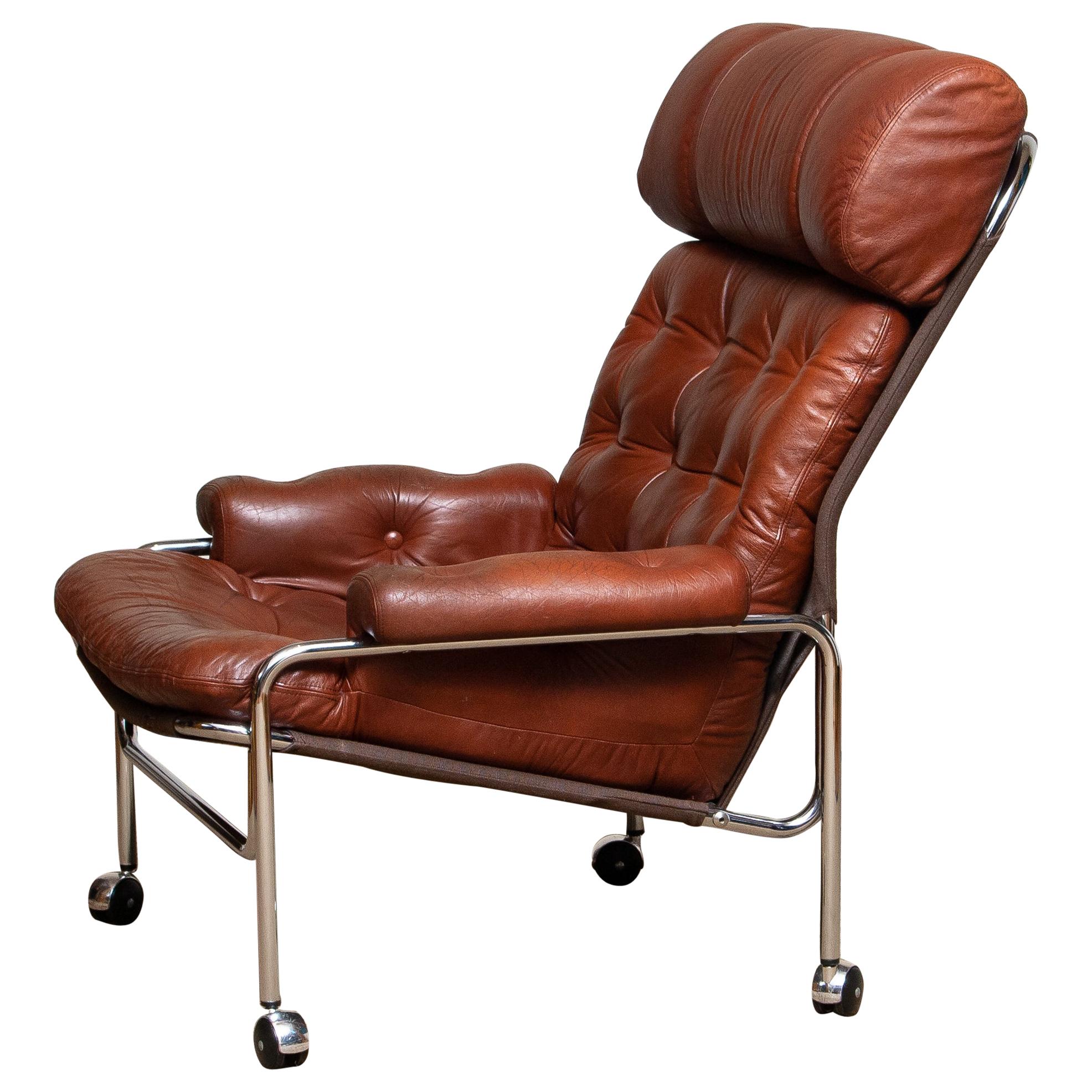 1960s Lounge / Easy Chair in Chrome and Aged Brown Cognac Leather by ...