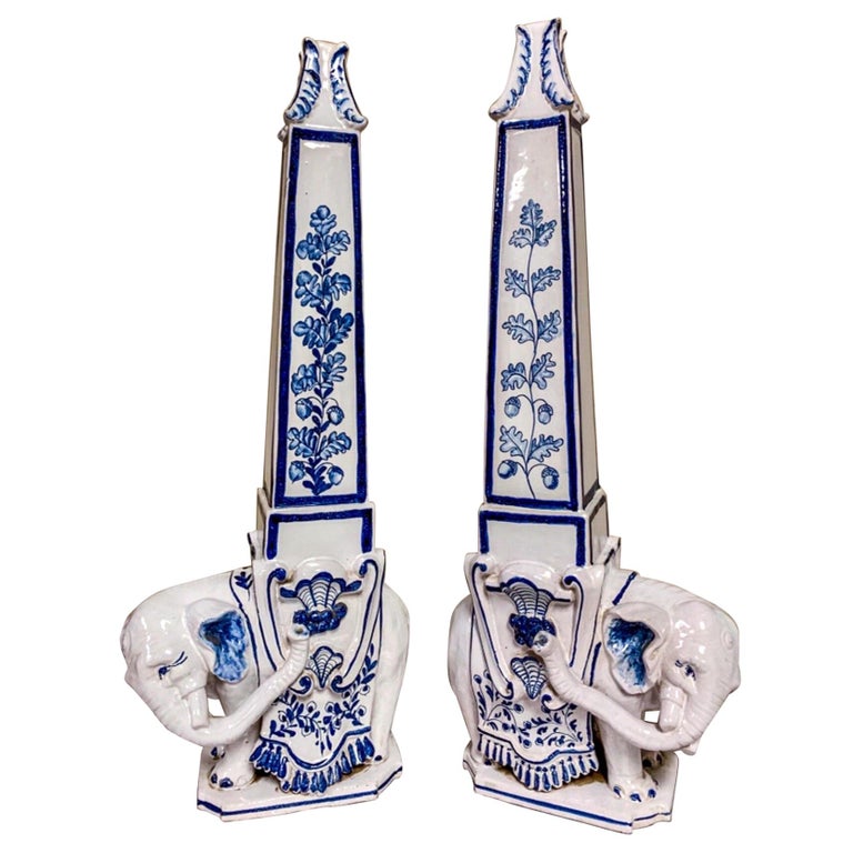 1960s Meiselman Imports Terracotta Elephant Blue and White Obelisks, a ...