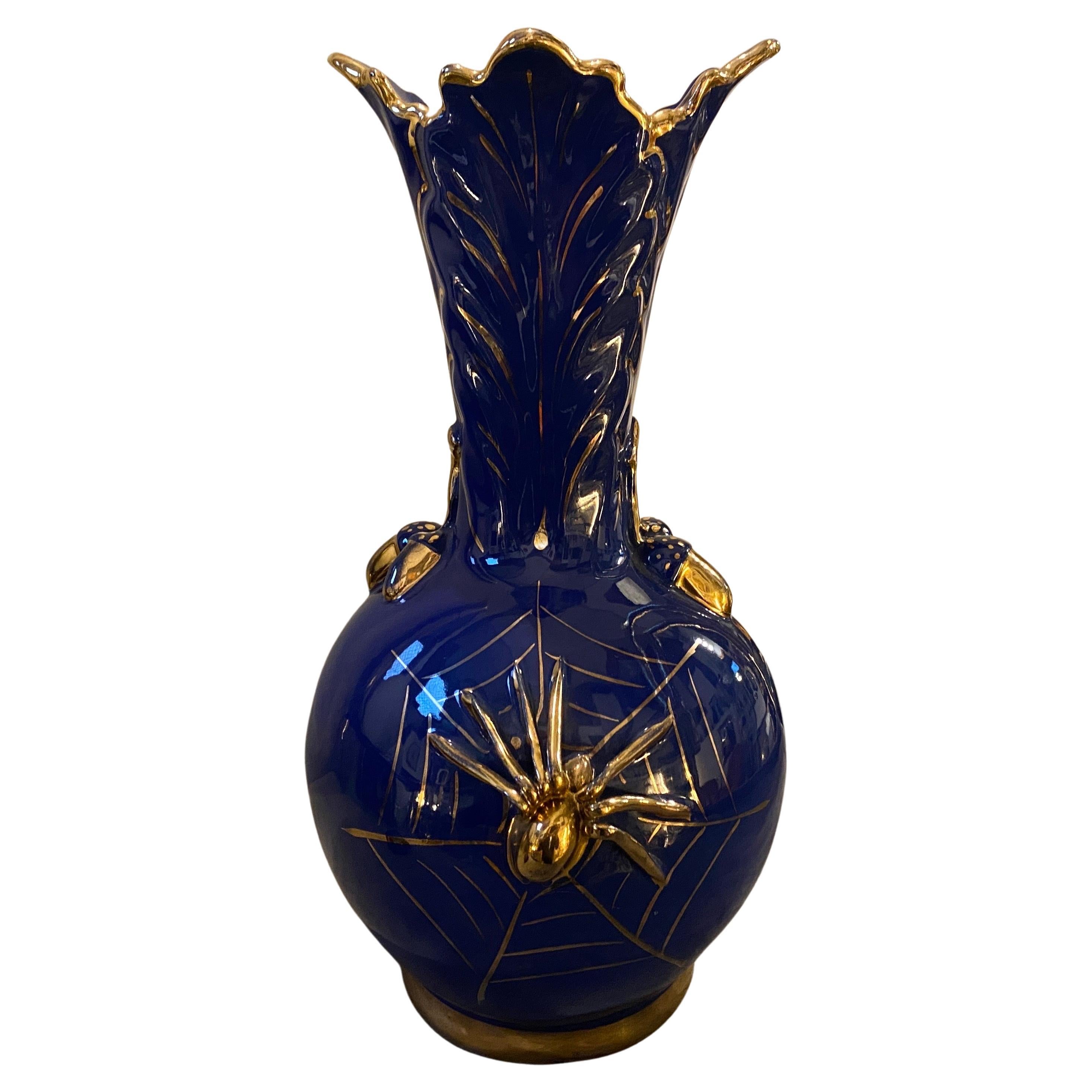1960s Mid-Century Modern Blue and Gold Ceramic Italian Spider Vase For ...