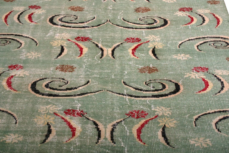 1960s Vintage Art Deco Rug, Distressed Green Geometric Pattern by Rug ...